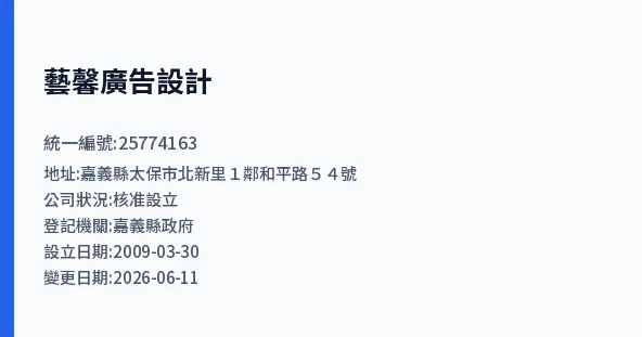 藝馨廣告設計的照片-統編 25774163(嘉義縣) 公司登記資料與營業項目詳細圖表