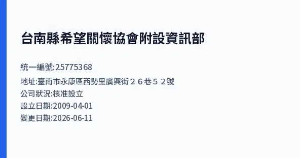 台南縣希望關懷協會附設資訊部的照片-統編 25775368(臺南市) 公司登記資料與營業項目詳細圖表