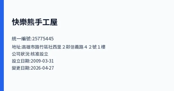 快樂熊手工屋的照片-統編 25775445(高雄市) 公司登記資料與營業項目詳細圖表
