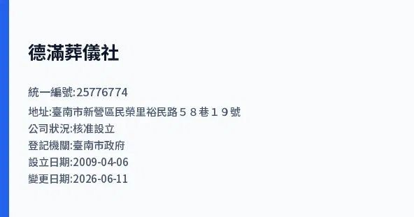 德滿葬儀社的照片-統編 25776774(臺南市) 公司登記資料與營業項目詳細圖表