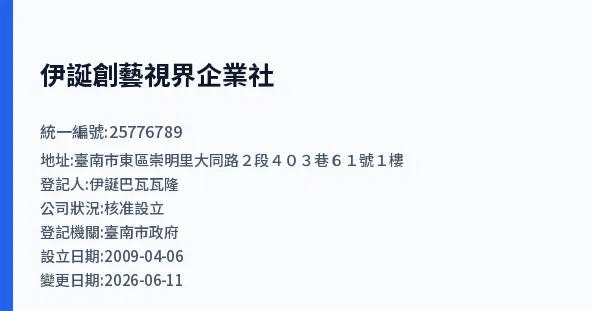 伊誕創藝視界企業社的照片-統編 25776789(臺南市) 公司登記資料與營業項目詳細圖表