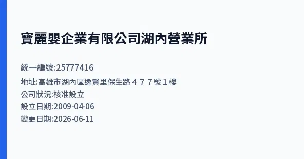 寶麗嬰企業有限公司湖內營業所的照片-統編 25777416(高雄市) 公司登記資料與營業項目詳細圖表