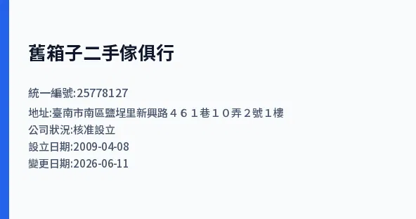 舊箱子二手傢俱行的照片-統編 25778127(臺南市) 公司登記資料與營業項目詳細圖表
