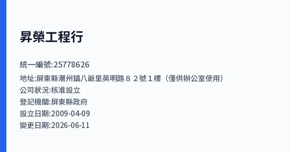昇榮工程行的照片-統編 25778626(屏東縣) 公司登記資料與營業項目詳細圖表
