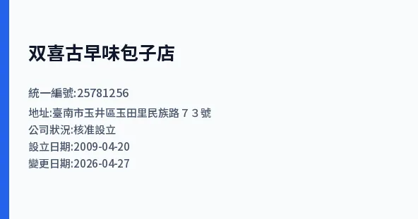 双喜古早味包子店的照片-統編 25781256(臺南市) 公司登記資料與營業項目詳細圖表