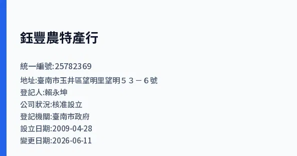 鈺豐農特產行的照片-統編 25782369(臺南市) 公司登記資料與營業項目詳細圖表
