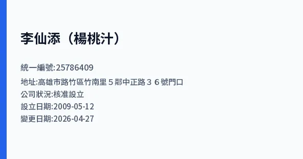 李仙添(楊桃汁)的照片-統編 25786409(高雄市) 公司登記資料與營業項目詳細圖表