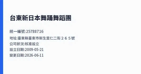 台東新日本舞踊舞蹈團的照片-統編 25788716(臺東縣) 公司登記資料與營業項目詳細圖表