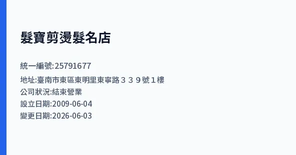 髮寶剪燙髮名店的照片-統編 25791677(臺南市) 公司登記資料與營業項目詳細圖表