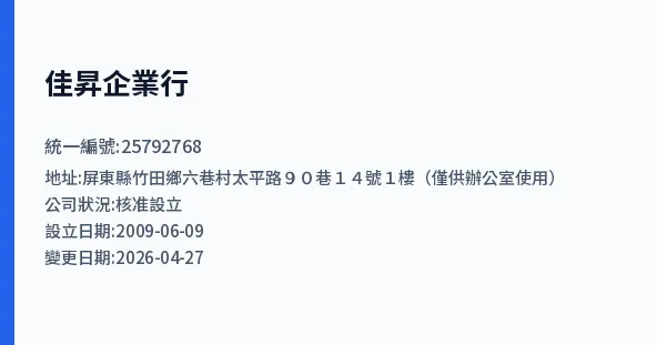 佳昇企業行的照片-統編 25792768(屏東縣) 公司登記資料與營業項目詳細圖表