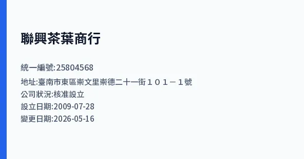 聯興茶葉商行的照片-統編 25804568(臺南市) 公司登記資料與營業項目詳細圖表