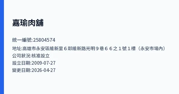 嘉瑜肉舖的照片-統編 25804574(高雄市) 公司登記資料與營業項目詳細圖表