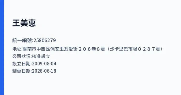 王美惠的照片-統編 25806279(臺南市) 公司登記資料與營業項目詳細圖表