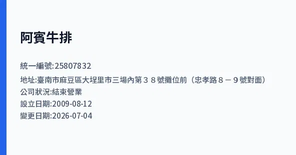 阿賓牛排的照片-統編 25807832(臺南市) 公司登記資料與營業項目詳細圖表