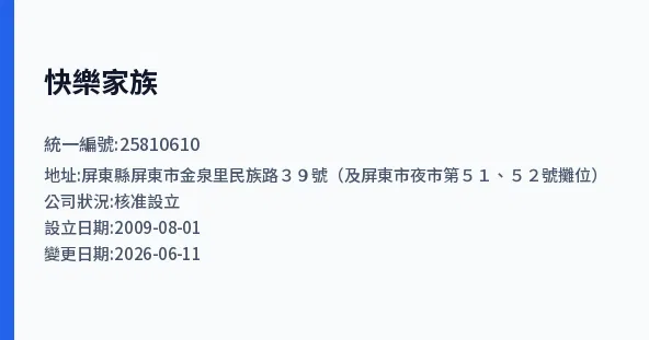 快樂家族的照片-統編 25810610(屏東縣) 公司登記資料與營業項目詳細圖表