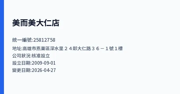 美而美大仁店的照片-統編 25812758(高雄市) 公司登記資料與營業項目詳細圖表