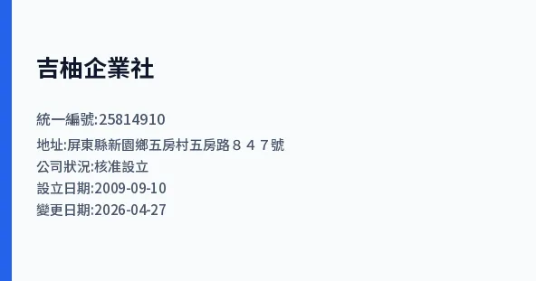 吉柚企業社的照片-統編 25814910(屏東縣) 公司登記資料與營業項目詳細圖表