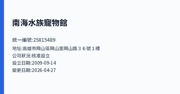 南海水族寵物館的照片-統編 25815489(高雄市) 公司登記資料與營業項目詳細圖表