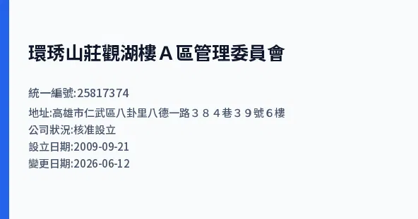 環琇山莊觀湖樓A區管理委員會的照片-統編 25817374(高雄市) 公司登記資料與營業項目詳細圖表