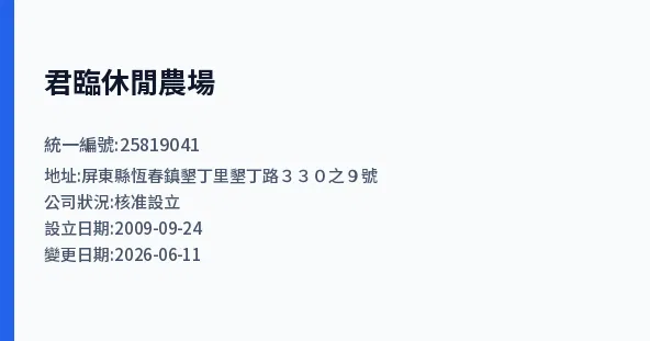 君臨休閒農場的照片-統編 25819041(屏東縣) 公司登記資料與營業項目詳細圖表