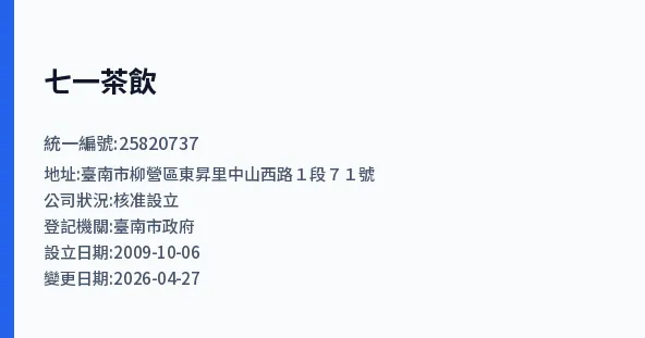 七一茶飲的照片-統編 25820737(臺南市) 公司登記資料與營業項目詳細圖表