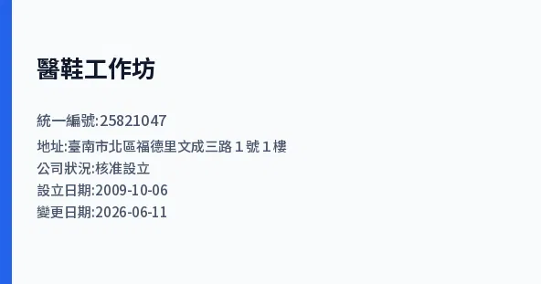 醫鞋工作坊的照片-統編 25821047(臺南市) 公司登記資料與營業項目詳細圖表