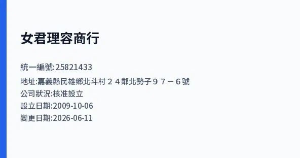 女君理容商行的照片-統編 25821433(嘉義縣) 公司登記資料與營業項目詳細圖表