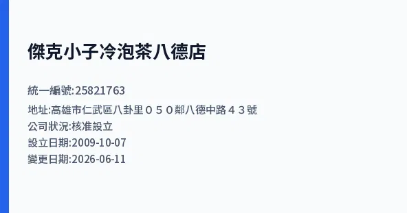 傑克小子冷泡茶八德店的照片-統編 25821763(高雄市) 公司登記資料與營業項目詳細圖表