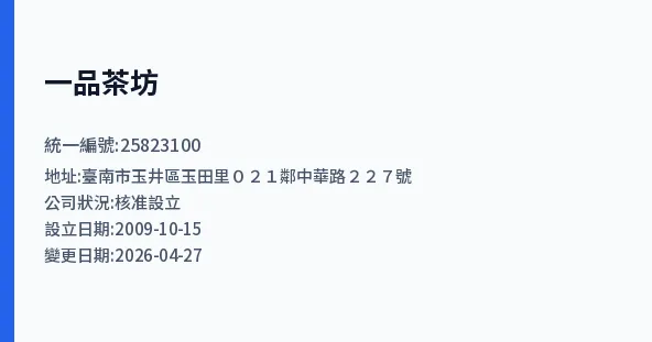 一品茶坊的照片-統編 25823100(臺南市) 公司登記資料與營業項目詳細圖表