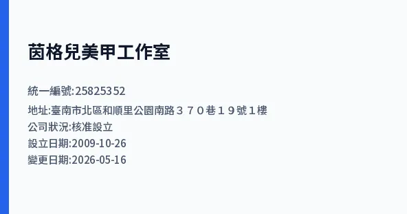 茵格兒美甲工作室的照片-統編 25825352(臺南市) 公司登記資料與營業項目詳細圖表