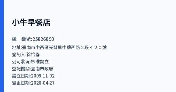 小牛早餐店的照片-統編 25826893(臺南市) 公司登記資料與營業項目詳細圖表