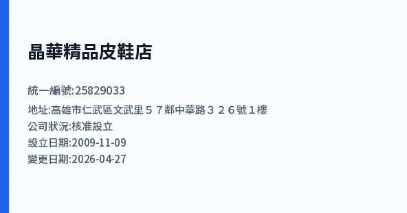 晶華精品皮鞋店的照片-統編 25829033(高雄市) 公司登記資料與營業項目詳細圖表