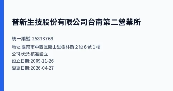 普新生技股份有限公司台南第二營業所的照片-統編 25833769(臺南市) 公司登記資料與營業項目詳細圖表