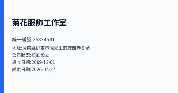 菊花服飾工作室的照片-統編 25834541(屏東縣) 公司登記資料與營業項目詳細圖表
