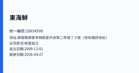 東海鮮的照片-統編 25834599(屏東縣) 公司登記資料與營業項目詳細圖表