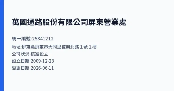 萬國通路股份有限公司屏東營業處的照片-統編 25841212(屏東縣) 公司登記資料與營業項目詳細圖表