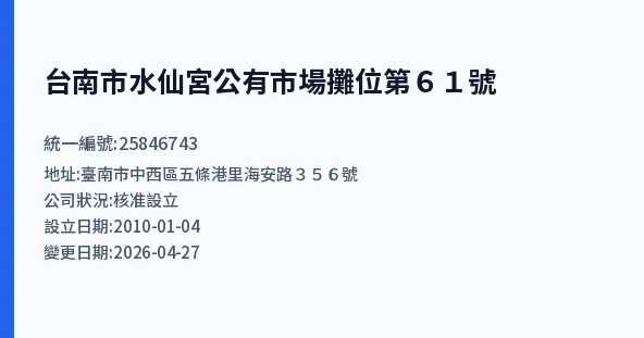 台南市水仙宮公有市場攤位第61號的照片-統編 25846743(臺南市) 公司登記資料與營業項目詳細圖表