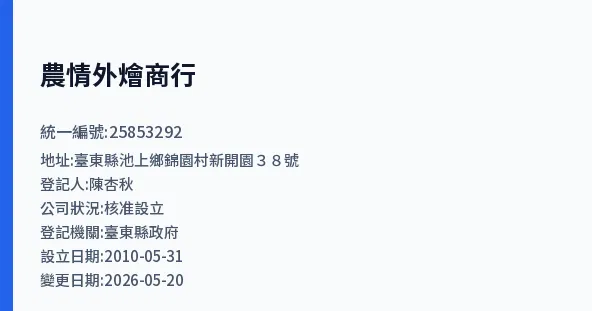 農情外燴商行的照片-統編 25853292(臺東縣) 公司登記資料與營業項目詳細圖表
