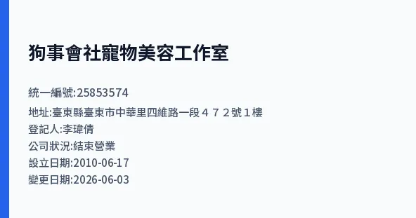 狗事會社寵物美容工作室的照片-統編 25853574(臺東縣) 公司登記資料與營業項目詳細圖表