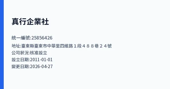真行企業社的照片-統編 25856426(臺東縣) 公司登記資料與營業項目詳細圖表