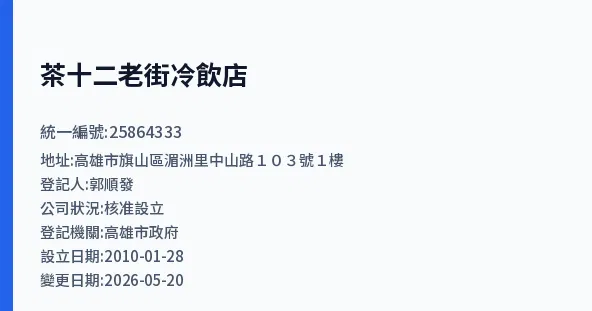 茶十二老街冷飲店的照片-統編 25864333(高雄市) 公司登記資料與營業項目詳細圖表