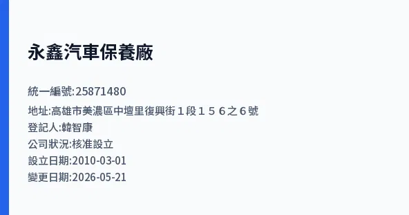 永鑫汽車保養廠的照片-統編 25871480(高雄市) 公司登記資料與營業項目詳細圖表