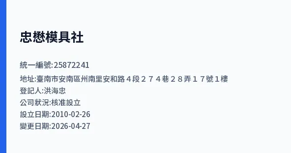 忠懋模具社的照片-統編 25872241(臺南市) 公司登記資料與營業項目詳細圖表