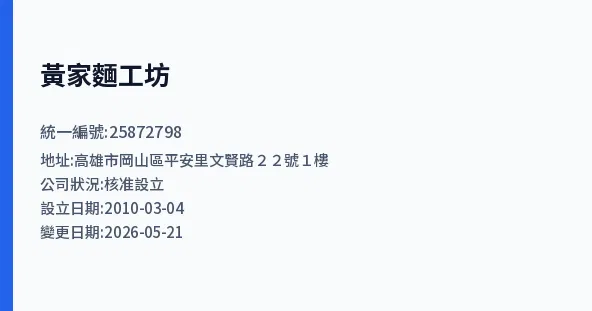 黃家麵工坊的照片-統編 25872798(高雄市) 公司登記資料與營業項目詳細圖表