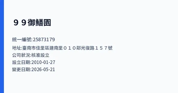 99御鱔園的照片-統編 25873179(臺南市) 公司登記資料與營業項目詳細圖表