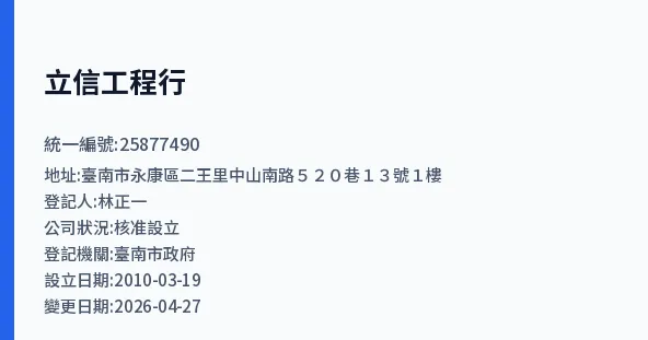 立信工程行的照片-統編 25877490(臺南市) 公司登記資料與營業項目詳細圖表