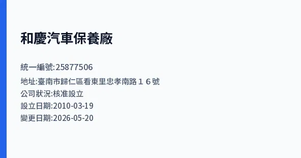 和慶汽車保養廠的照片-統編 25877506(臺南市) 公司登記資料與營業項目詳細圖表