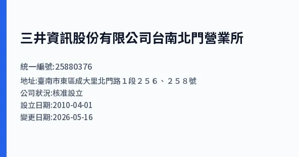 三井資訊股份有限公司台南北門營業所的照片-統編 25880376(臺南市) 公司登記資料與營業項目詳細圖表
