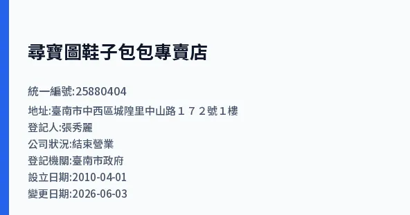 尋寶圖鞋子包包專賣店的照片-統編 25880404(臺南市) 公司登記資料與營業項目詳細圖表