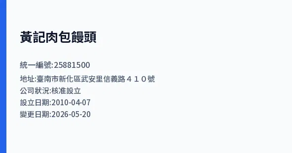黃記肉包饅頭的照片-統編 25881500(臺南市) 公司登記資料與營業項目詳細圖表
